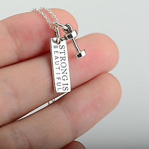 Sterling Silver Necklace "Strong Is Beautiful" Engraved Dumbbell Barbell Gym Buff Pendant Necklace 18"