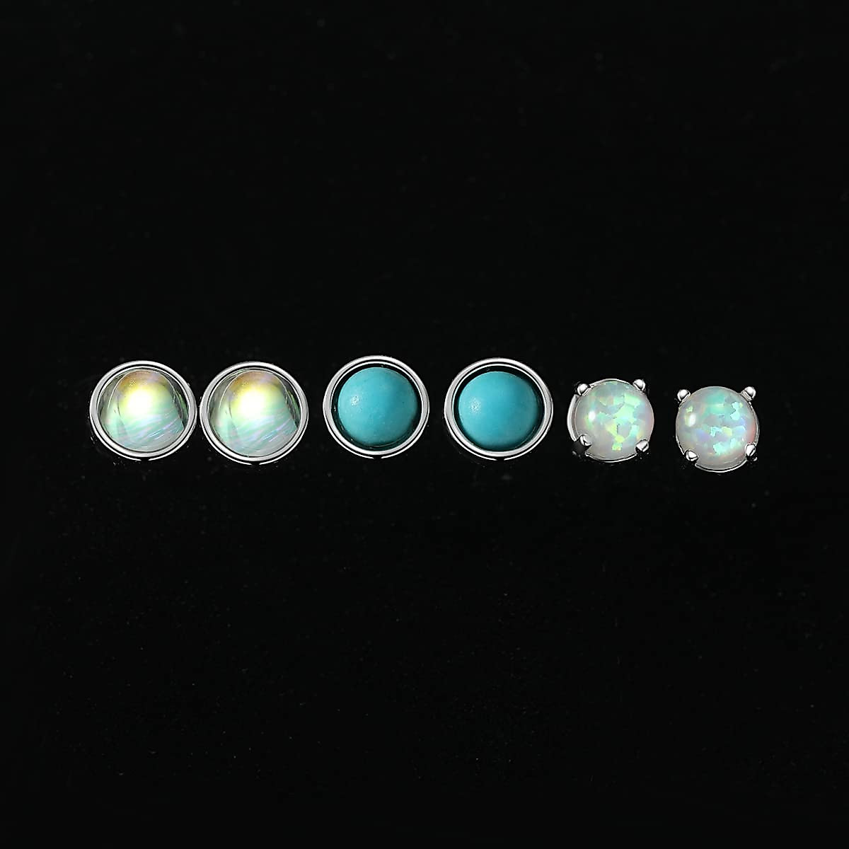 Tsnamer 4mm Hypoallergenic 925 Sterling Silver Post Stud Earrings for Womens Second Hole Earrings for Women Opal Turquoise Moonstone Stud Earrings Jewelry Earrings for Sensitive Ears(3 Pair/set)