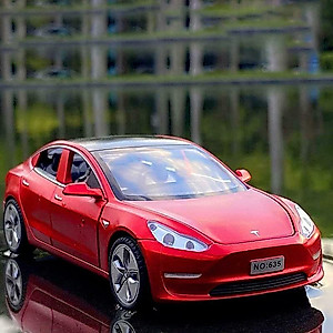 Car Model 3 1:32 Scale Alloy diecast Pull Back Electronic Toys with Lights and Sound, Mini Vehicles Toys for Kids Gift Tesla Car Lovers (Red)