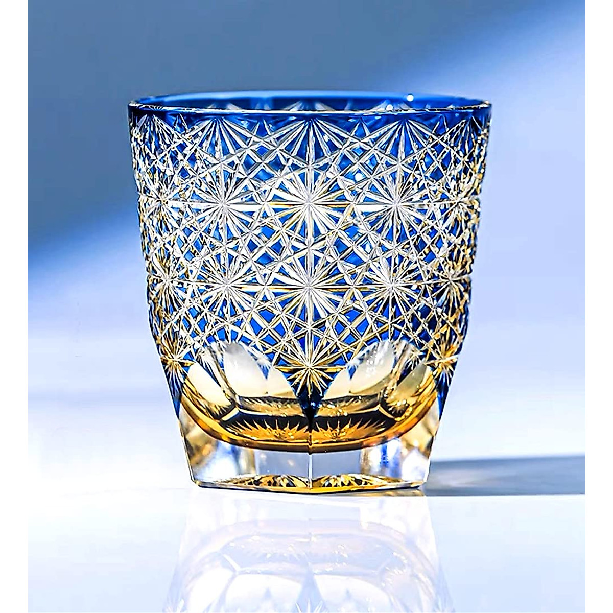 JEMQ Edo Kiriko Color Hand Cut Crystal Glass Tumbler Whisky Gass 9 Oz Glassware with Luxury Gift Box, Suitable for Cocktail Whisky Drink Red Wine Vodka (Blue)