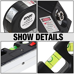 DNA Motoring TOOLS-00054 Adjustable Metric Ruler w/Triangle Bracket – 8 ft. Measuring Tape w/Three Mode Laser Line, Bubble Vials, Ruler Base