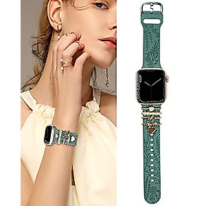 Watch Band Charms (Band Included), Compatible with Apple Watch Band 38mm 40mm 41mm, ORATYFAN Floral Engraved Silicone Bands & Metal Decorative Ring Loops Accessories for iWatch Series se 8 7 6 5 4 3 2 1