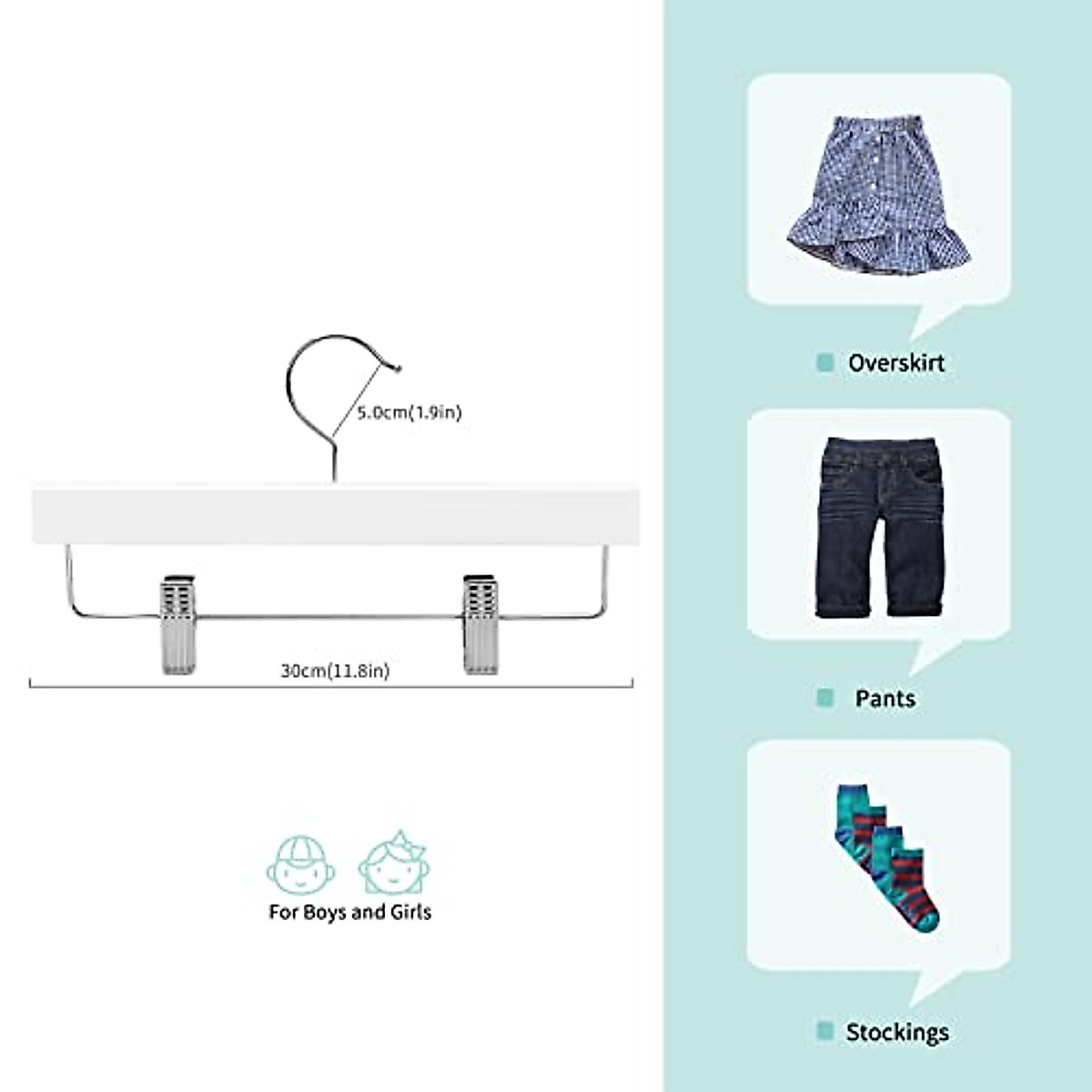 Nature Smile Kids Solid Wooden Pants Hangers,Baby Toddler Children Wood Skirts Hangers,Trousers Bottom 11.8 inches Hangers with 2-Adjustable Clips Anti-Rust Hook Pack of 20 (White)