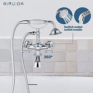 Airuida Wall Mount Bathtub Faucet Chrome Polish with Handheld Shower Chrome Polish Wall Mount Kitchen Sink Faucet 8 Inch Center