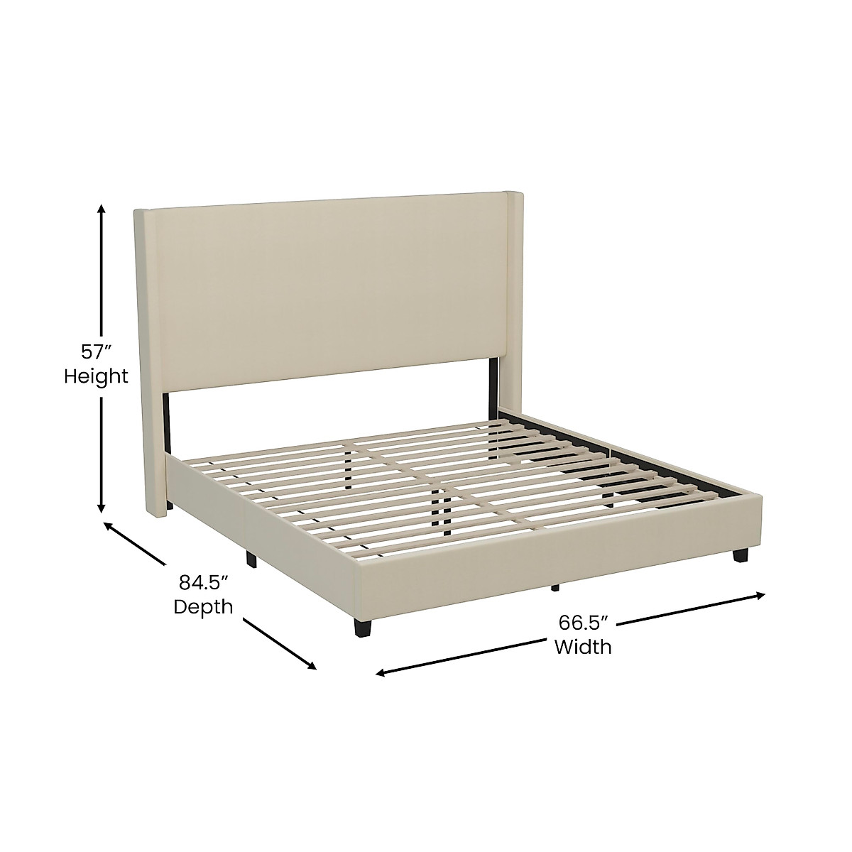 Merrick Lane Bramlett Modern Platform Bed - Beige Faux Linen - Queen - Padded Wingback Headboard - 3" Floor Clearance - Wood Support Slats - No Box Spring Needed