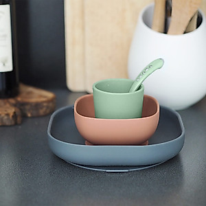 Beaba 100% Silicone 4 Piece Baby Feeding Set, Suction Plates for Baby, Includes Baby Plate, Baby Bowl, Baby Cup, 2nd Stage Silicone Spoon, High Grade Food Safe Silicone, Baby Must Haves, Mineral