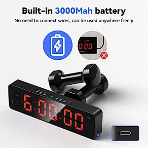 Seesii Gym Timer with Remote, 11''x 3.5''Ultra-Clear Interval Timer with LED, Countdown/Up Wall Clock with Buzzer, Connectable Bank Power Fitness Timer Stopwatch for Gym Home Garage (2.2 Battery)