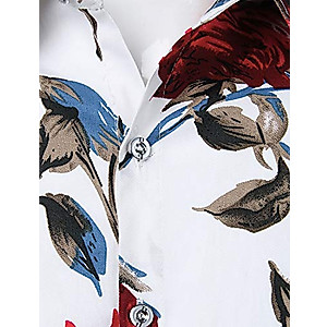 ZEROYAA Men's Hipster Retro Rose Floral Printed Casual Slim Fit Long Sleeve Streth Shirt ZLCL04-101-White Small
