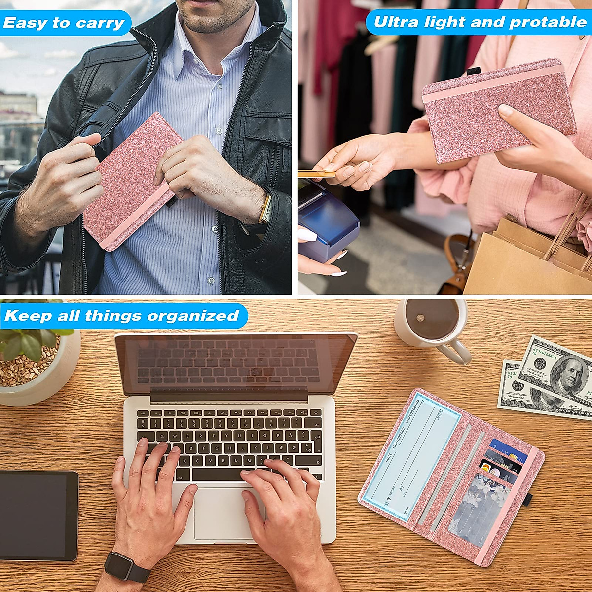 ACdream Checkbook Cover, Leather RFID Blocking Check Book Wallet, Protective Premium Business and Personal Duplicate Checks Holder, with Credit Card Slot for Women Men, Glitter Rose Gold