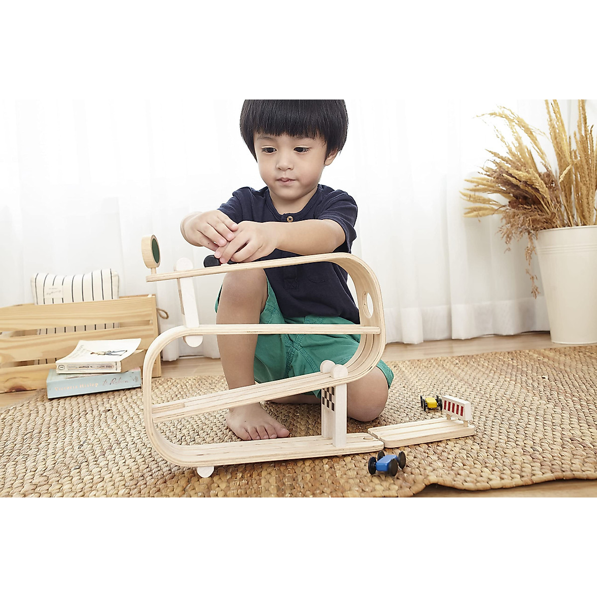 PlanToys Wooden Ramp Racer with 3 Cars (5379) | Sustainably Made from Rubberwood and Non-Toxic Paints and Dyes
