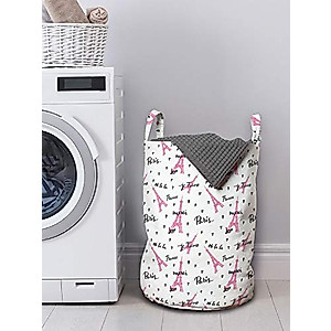 Lunarable Eiffel Tower Laundry Bag, France Paris Oh La La Eiffel Tower Hearts Calligraphy Doodle Style Artwork, Hamper Basket with Handles Drawstring Closure for Laundromats, 13" x 19", Pink Black