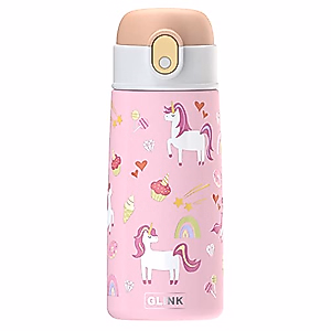 GLINK Kids Insulated Water Bottle with Straw for School, Cute Stainless Steel with Auto Flip Lid Water Bottle for Kids, Children, Boys, Girls (14oz, Unicorn-Pink)