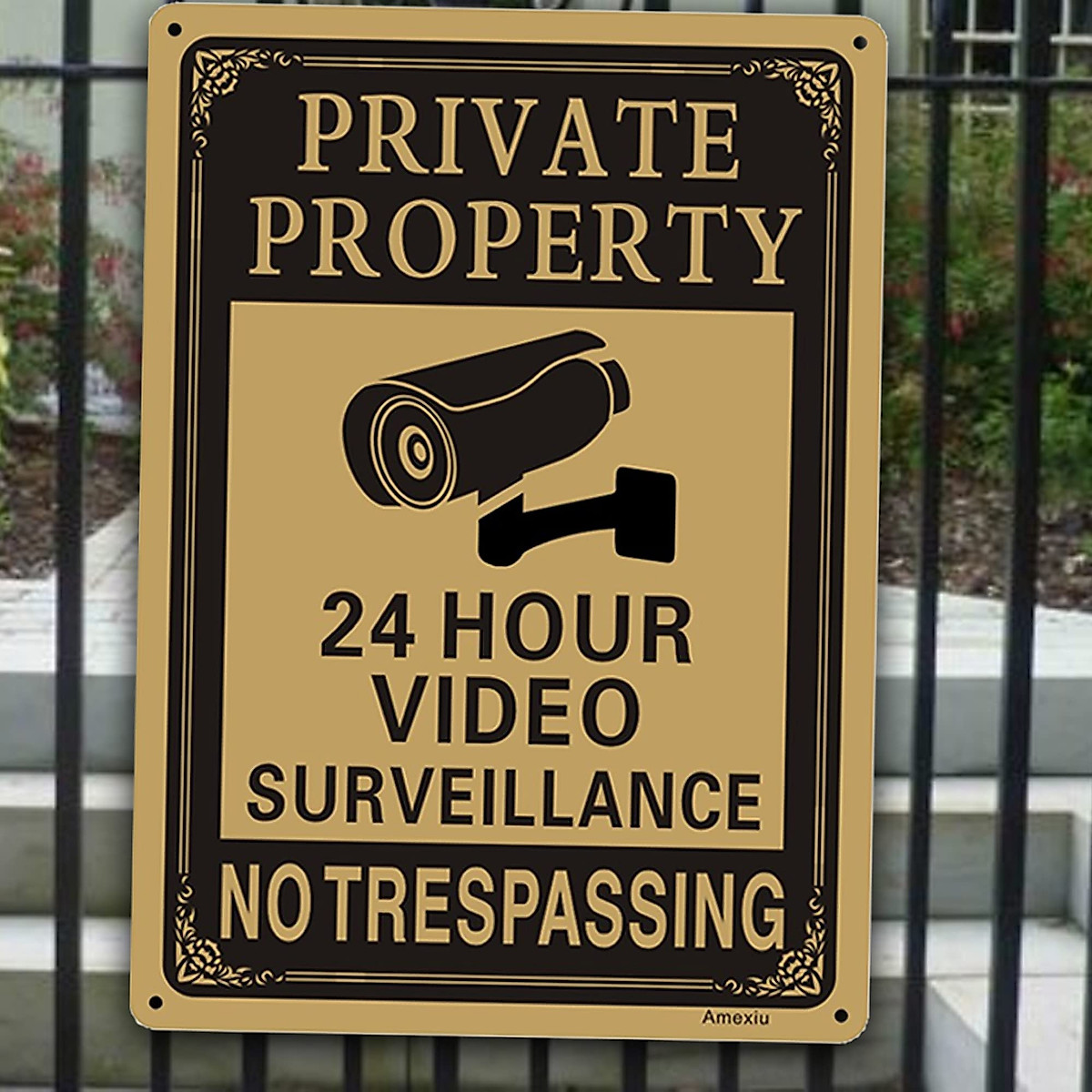 Amexiu Private Property No Trespassing 24 Hours CCTV Camera Video Surveillance Warning Sign | 10" x 7" Rust Free Aluminum Easy Mounting Fade Resistance, 2 Pack
