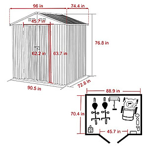 VEIKOU 6 x 8FT Outdoor Storage Shed with Thickened Galvanized Steel, Metal Garden Sheds & Outdoor Storage with Double Lockable Doors Utility Tool Storage Shed for Backyard Lawn Movers, Gray