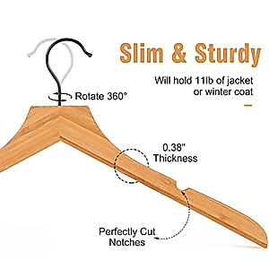 TOPIA HANGER Bamboo Wooden Hangers, Clothes Hangers with Rotatable Black Hook and Smooth Cut Nothces, Set of 12 Durable and Slim Wood Hangers for Coats, Suits, Jackets, Sweaters, Dresses - CTS03