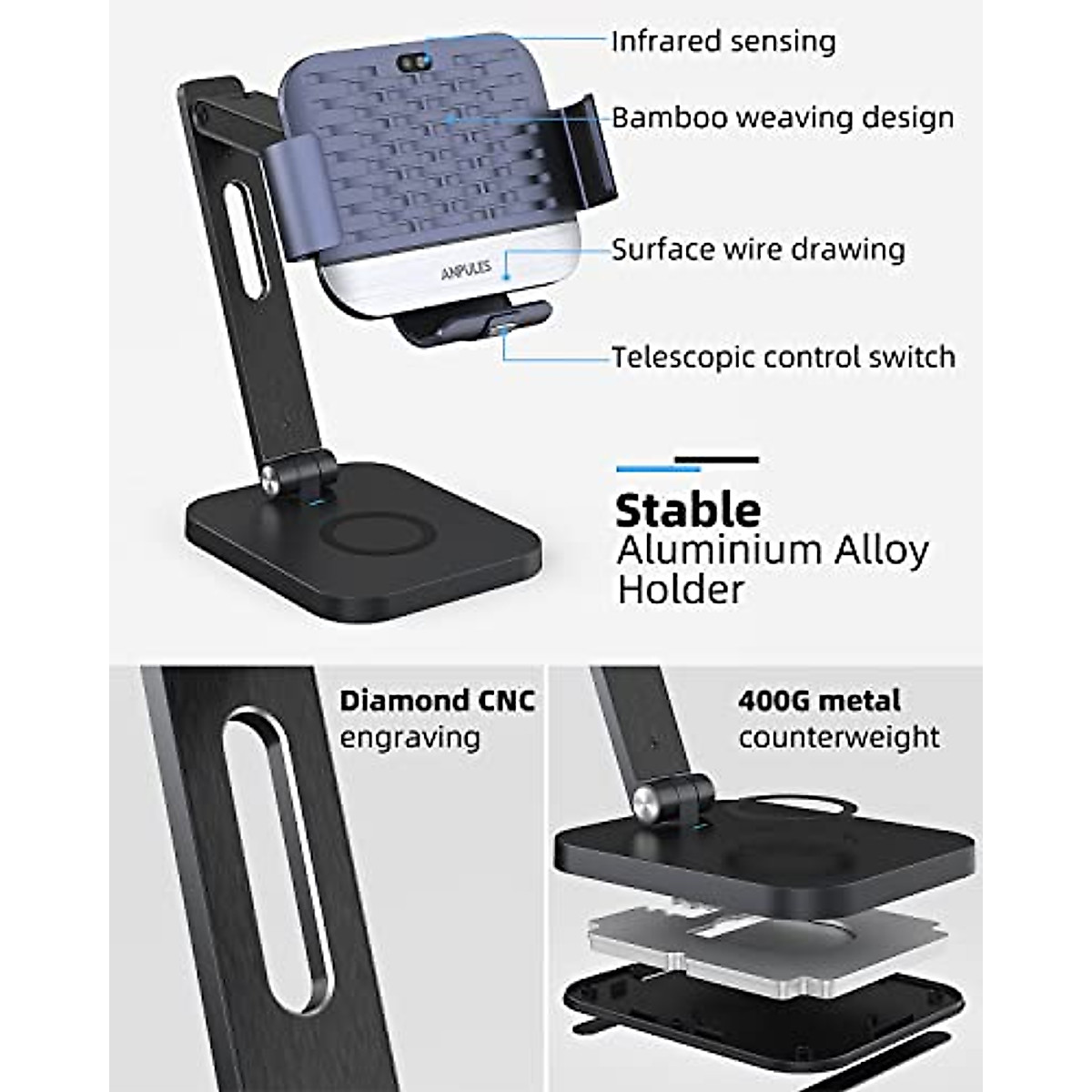 ANPULES Wireless Charger Stand for Z Fold 4/3/2, Aluminium Alloy Charging Station [3 Coils] 2 in 1 Charger Station for Samsung Galaxy Buds 2 Pro/Pro / 2 / Live and Z Fold Series（Include 20W Adapter）