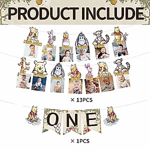 Bear Banner for Baby Shower Decorations, First Birthday Baby Photo Banner with Cute Picture Card Frames for Baby One Birthday Party Decorations