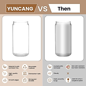 [ 8-Piece Set ] Bamboo Lid Glass Drinking Glasses with Glass Straw - 16-ounce Can Shaped Glassware for Beer, Iced Coffee, Cocktails, Whiskey, and More, Perfect for Cocktails, Whiskey, and Gifting