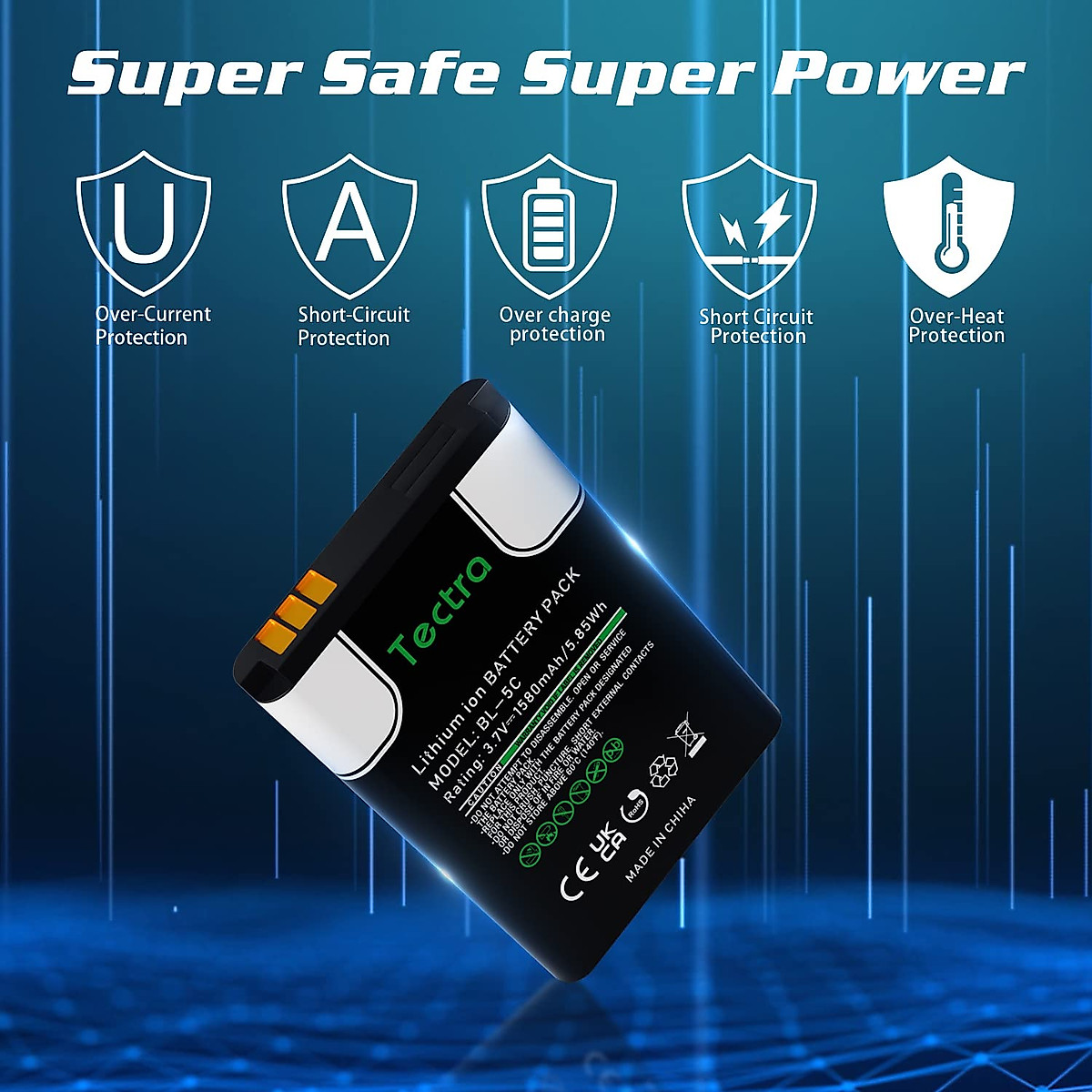 Tectra 2-Pack 1580mAh BL-5C Rechargeable Battery Suitable for Nokia Household Portable Radio with Overcharge Protection