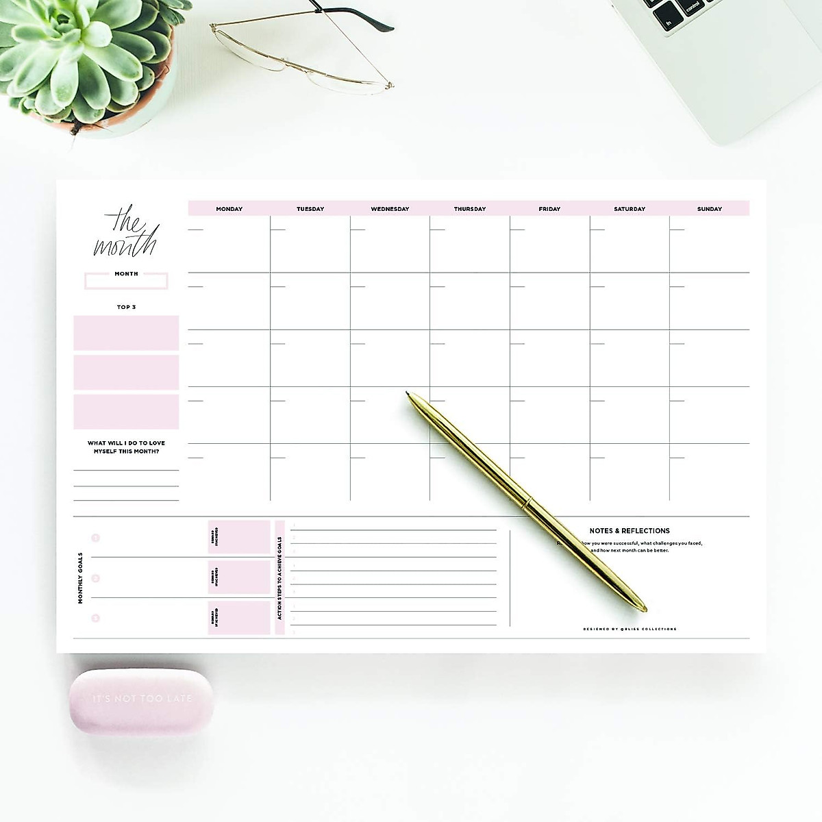 Bliss Collections Monthly Planner, Simple Pink Self-Care, Undated Desk Calendar and Planner for Organizing and Scheduling Tasks, Productivity Tracker, Goals, Notes and To-Do Lists, 12"x18" (18 Sheets)