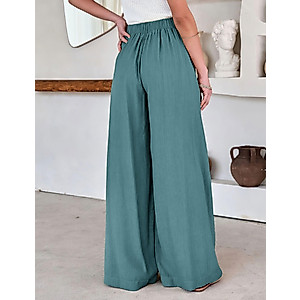 MUSIDORA Wide Leg Pants for Women High Waisted Drawstring Linen Travel Beach Pants Loose Flowy Slacks Trousers Stretchy Petite (Peacock Blue L)