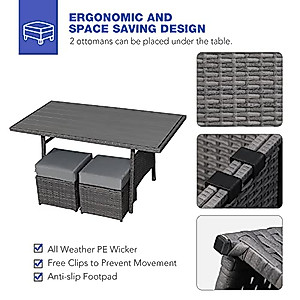 Patiorama 7 Pieces Patio Furniture Set, All Weather Grey Wicker Rattan Conversation Set, Outdoor Dining Sectional Sofa Set, w/Table Chair Ottomans, Plastic Wood Top for Garden Pool Deck-Grey Cushion