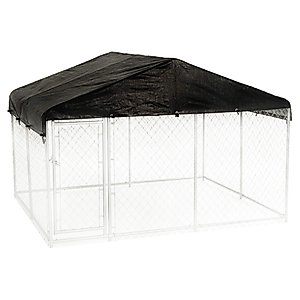Lucky Dog 10 by 6 Foot Large Outdoor Galvanized Steel Chain Link Dog Kennel with Latching Door, 1.5 Inch Raised Legs, and WeatherGuard Roof Cover