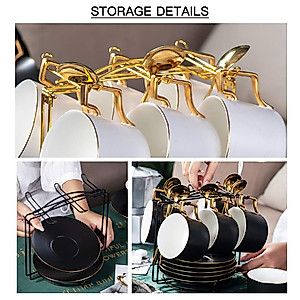 CHILDIKE Ceramic Demitasse Espresso Cups Set with Saucers and Metal Stand, 7 oz Porcelain Stackable Cappuccino Cups for Tea, Latte, Coffee, Cafe Mocha, Set of 6, Matte White