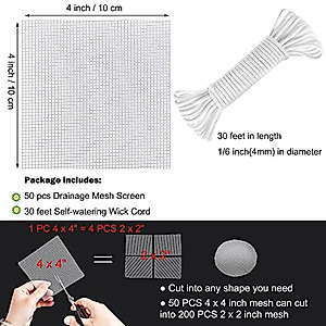 ORIMERC 50 Pcs 4 x 4 inch Plant Pot Drainage Hole Mesh Pad Screen with 30 feet Self Watering Hydroponic Wick Cord DIY Vacation Automatic Waterer Sitter Potted Bonsai Succulent Flower Bottom Grid Mat