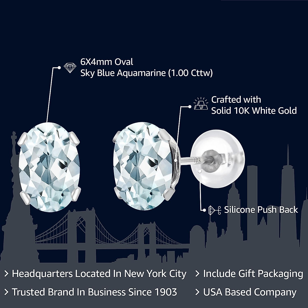 Gem Stone King 10K White Gold Gemstone Birthstone Earrings | Oval 6X4MM Stud Earrings | White Gold Earrings for Women