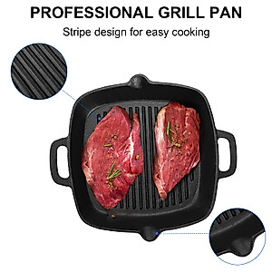 ZOOFOX Cast Iron Grill Pan, 10" Square Skillet with Easy Grease Drain Spout and Two Heat Insulated Silicone Handle Cover, Pre Seasoned Grill Pan for Grilling Bacon, Steak, Meats, Camping