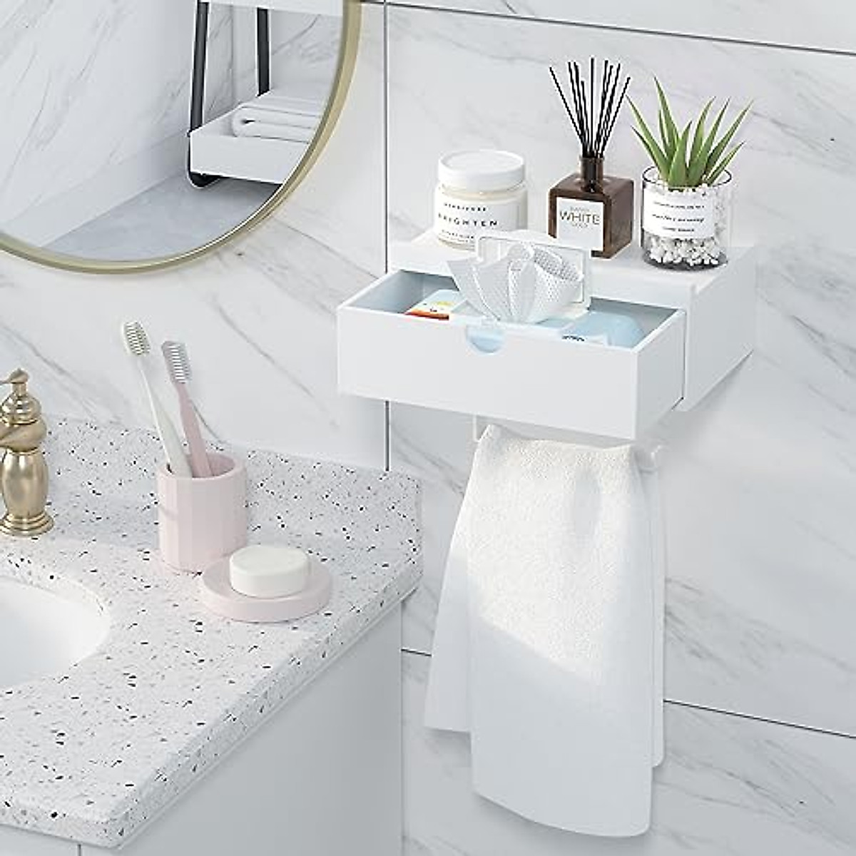 Domax White Toilet Paper Holder with Shelf - Wall Mount/Adhesive Bathroom Toilet Paper Holder Bamboo Wood Tissue Toilet Roll Holder with Storage Drawer for Organizer Wipes Fits Any Room, Large