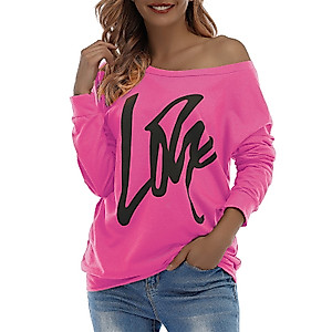 Century Star Women Long Sleeve Sweatshirts Off the Shoulder Sweatshirt Oversized letter Print Sweaters Pullover Casual Shirt Tops Rose Red Large (Lable Size Medium)