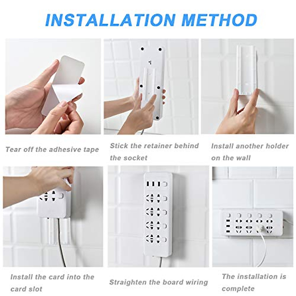 ACKLLR 4 Pack Self Adhesive Power Strip Holder Fixator Wall Mount Plug-in Socket Fixer Bracket Stand with 16 Pcs Cable Organizer Clips Clear for Remote Control Router Desk Computer Kitchen Home Office