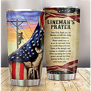 Generic Linemans Prayer American USA Flag Patriotic Travel Tumbler Gifts Electrician Electrical Lineman Climber Power Lines Men Husband for 4th Of July Birthday 20Oz Vacuum Insulated Stainless Steel