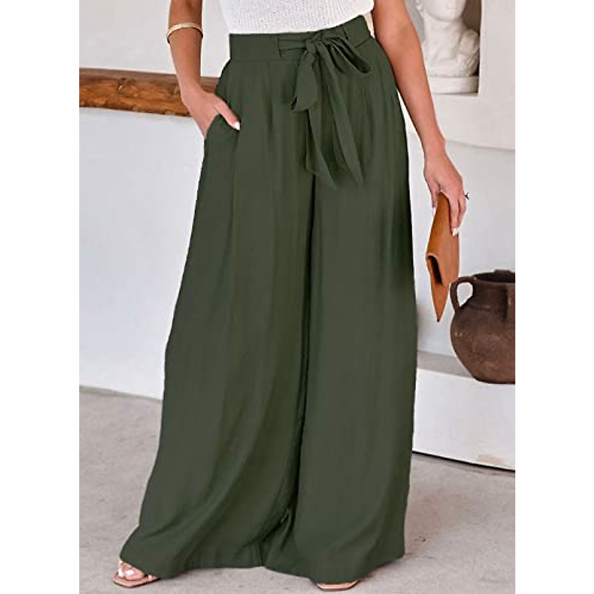 Dokotoo 2023 Stylish Summer Women's Plus Size Wide Leg Palazzo Dress Pants Women Back Elastic High Waist Yoga Pant with Pockets Comfy Lightweight Beach Pants Green XL