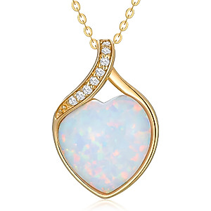 YDD 14k Solid Gold White Opal Necklace for Women Heart Shape Opal with Nature Diamond Pendant Necklace Heart Necklace Opal Jewelry Genuine Diamond Jewelry Gifts 16"-18"