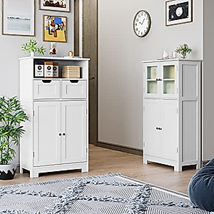 HORSTORS Bathroom Cabinet, Floor Storage Cabinet with 2 Doors and 2 Drawers, Free Standing Wooden Storage Organizer for Bathroom, Living Room, Hallway, White