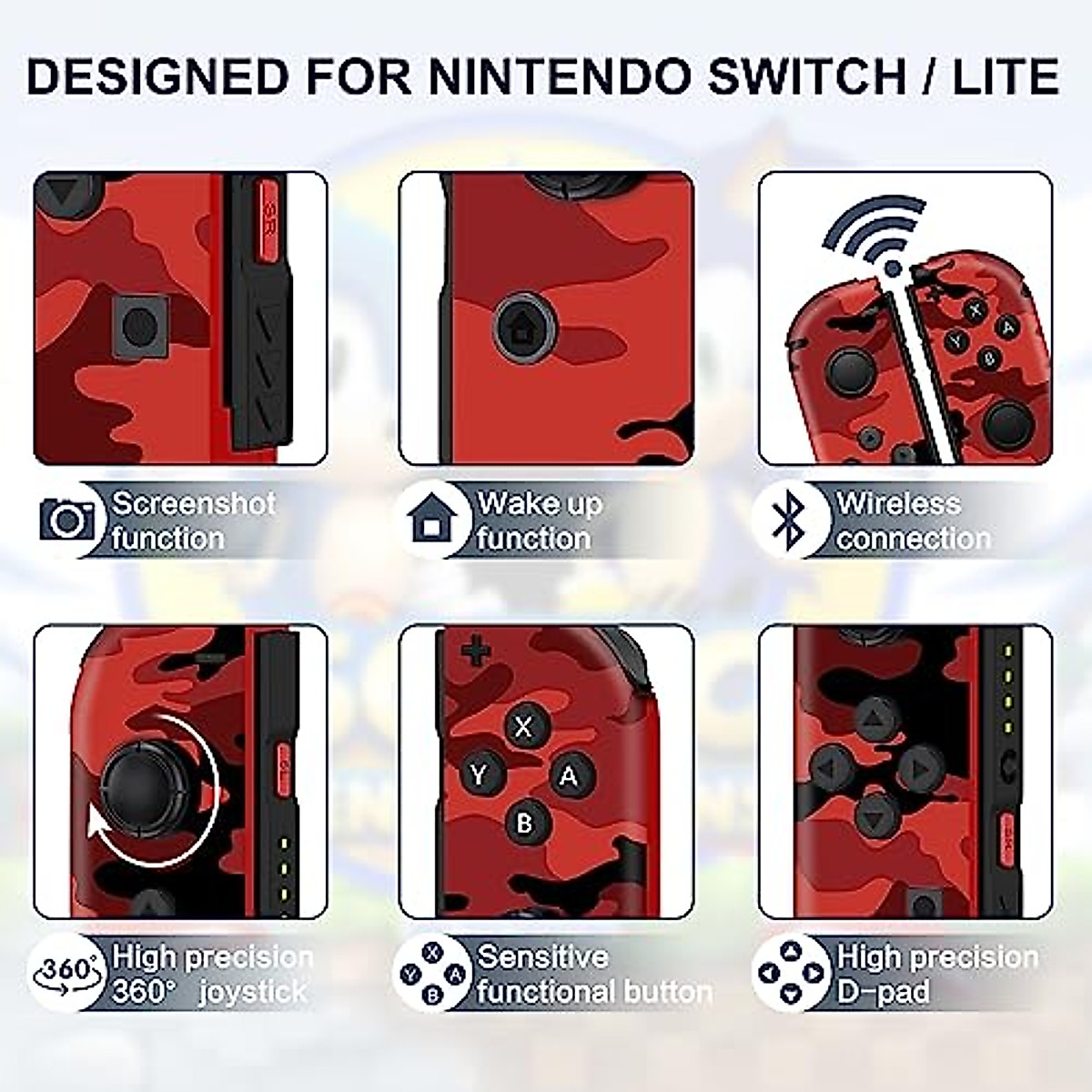 SWCTIM Joypad Controller for Nintendo Switch,Switch Controllers Joypad Supports Screenshot/Wake-up Function/Motion Control/Dual Vibration，Left Right Joypad Replacement for Switch/Lite/OLED(Camo Red)