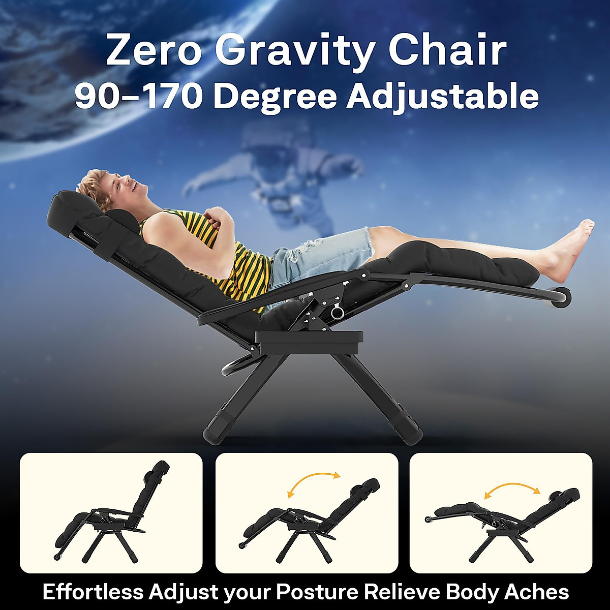Slendor Zero Gravity Chair, Padded Zero Gravity Lounge Chair, Folding Reclining Camping Chair for Indoor Outdoor, Lawn Patio Recliner Chair with Aluminum Alloy Lock, Cup Holder, Pillow, Foot Rest