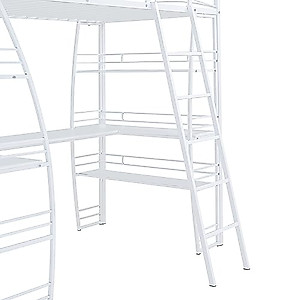 HABUHOME Twin Size Loft Bed with 4 Layers of Shelves and L-Shaped Desk, Stylish Metal Frame Bed with a Set of Sockets, USB Ports and and Wireless Charging, White