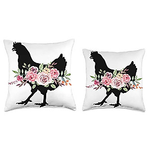 Chicken Bird Farmer Gift Idea Women Girls Gift Bird Floral Rose Flower Farm Animal Chicken Throw Pillow, 18x18, Multicolor