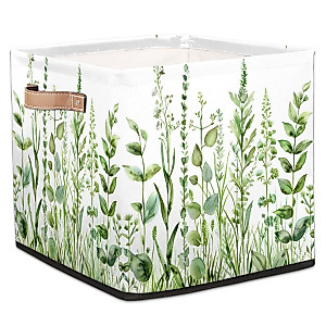Tablerazzi Sage Green Leaves Cube Storage Bin, 13 Inch Collapsible Fabric Storage Cube Bin, Spring Eucalyptus Foldable Cube Baskets for Shelf, Closet, Organizer