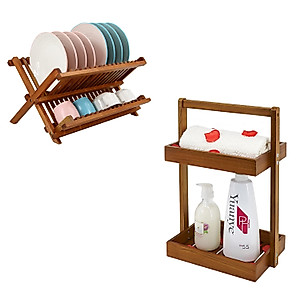 Utoplike Teak Collapsible 2 Tier Rack Dish Drying Rack and 2 Tier Standing Shower Organizer Caddy Corner with Handle