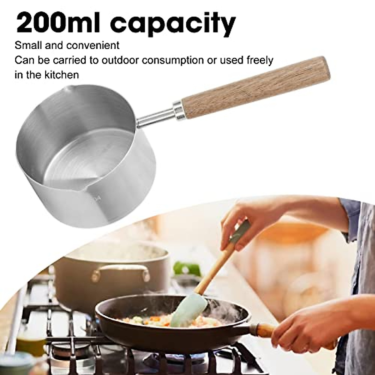 Small Milk Pan, Butter Melting Pot, 200ml Stainless Steel Portable Milk Pot Butter Warmer Small Cooking Pot for Boiling Milk, Sauce, Gravies, Pasta, Coffee, Tea, Soup