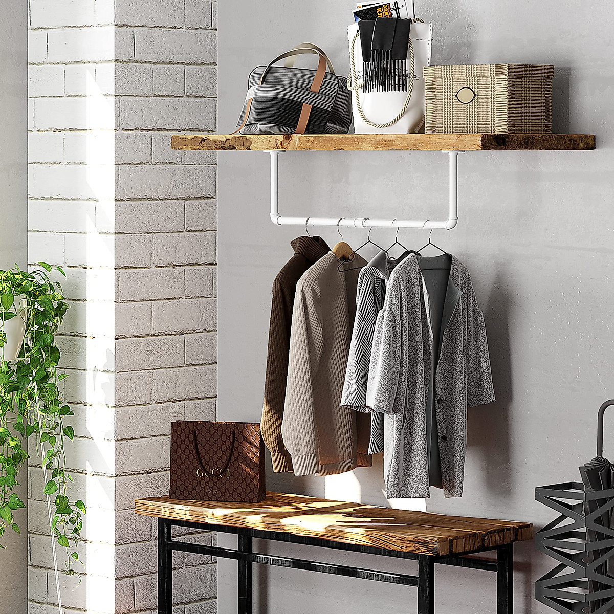 HOEMLIM Industrial Pipe Clothing Rack Wall Mounted Clothes Rack Heavy Duty Space-Saving Garment Bar Rack Detachable Multi-Purpose Hanging Rod,36 inch(White)