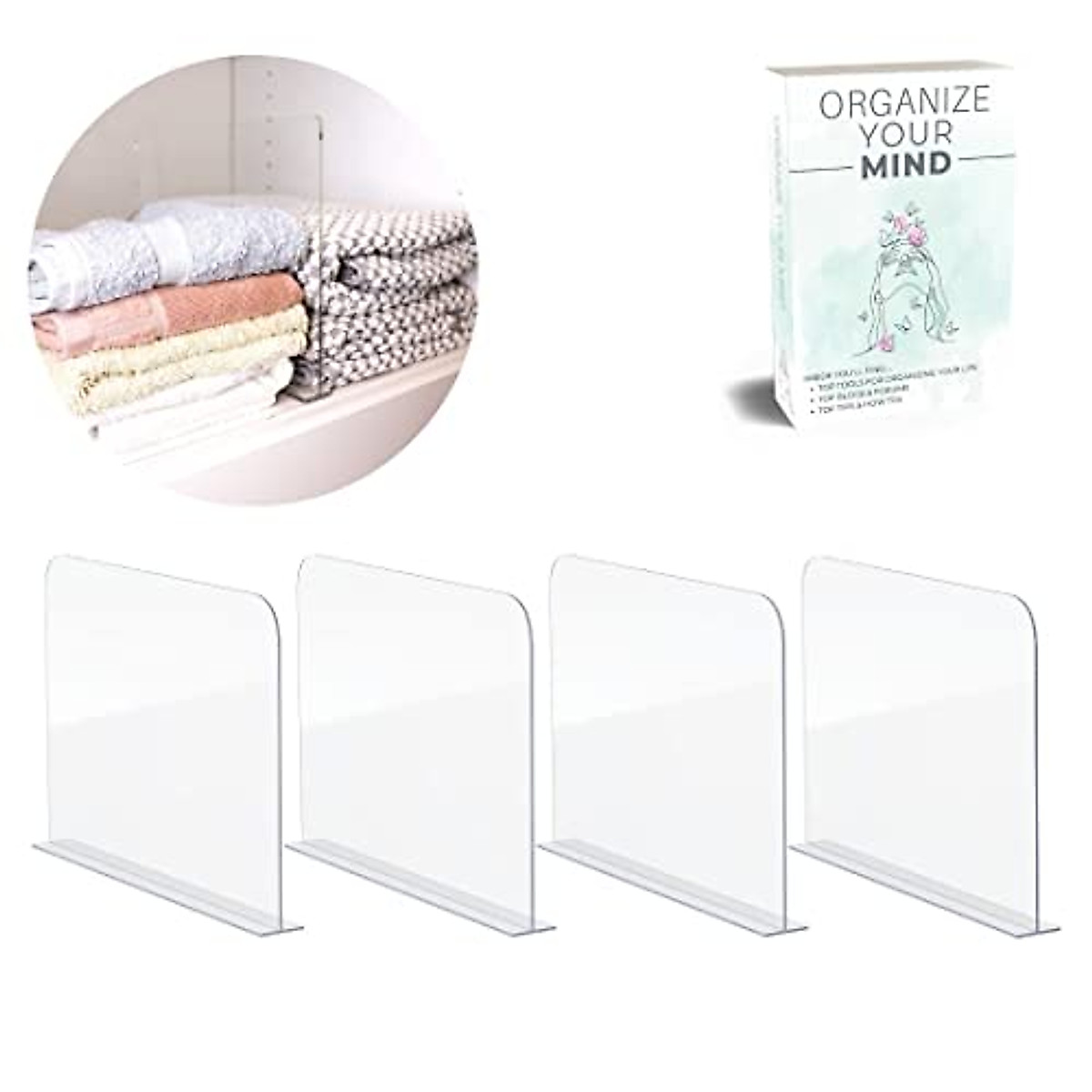 4PC Shelf Divider, with Spare Adhesives, Adjustable Closet Organisation, Multi-Purpose Shelf Separator for Bedroom, Closet, Pantry, Linen, Kitchen, Office, Bookshelf,