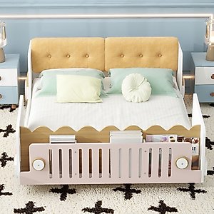 Yehha Full Size Platform Bed w/Upholstered Headboard & Storage Shelves Footboard, Wooden Bedframe with Wheels & Headlights for Kids, White