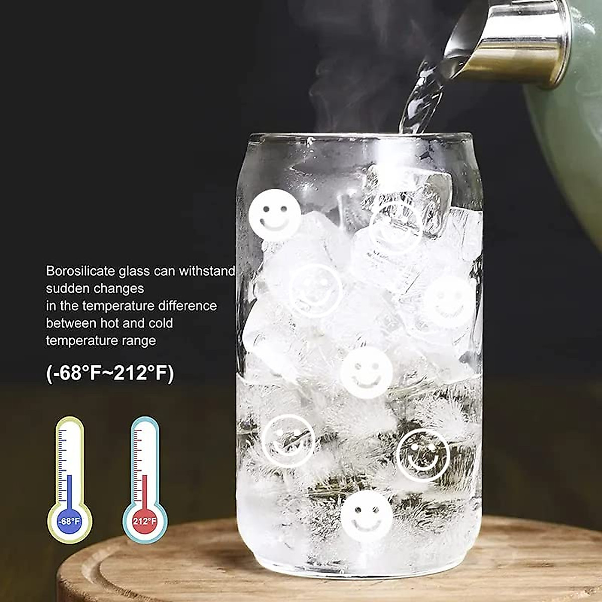 Smiley Face Glass Cups with Lids and Straws- Tumbler with Lid and Straw- 16 oz Iced Coffee Cup w/Bamboo Lid Stainless Streel Straw- Beer Can Shaped Drinking Glasses- Cute Cups- Gift for Women