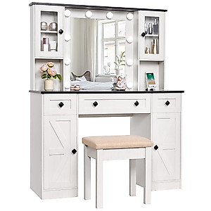 ANWBROAD Farmhouse Makeup Vanity Desk with Mirror and Lights White Vanity Desk 43" W Glass Tabletop Vanity Table with Charging Station & 2 Cabinets Big Modern Dressing Table Stool for Bedroom UBDT71W